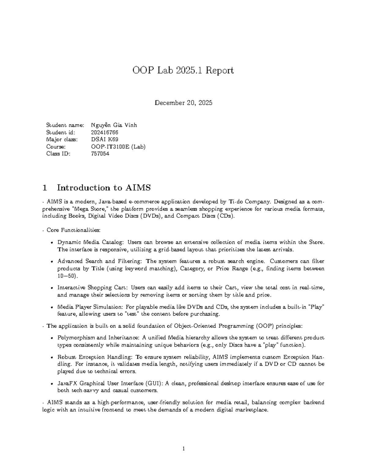 OOP Lab 2025.1 Report: AIMS Media Application Overview - Studocu
