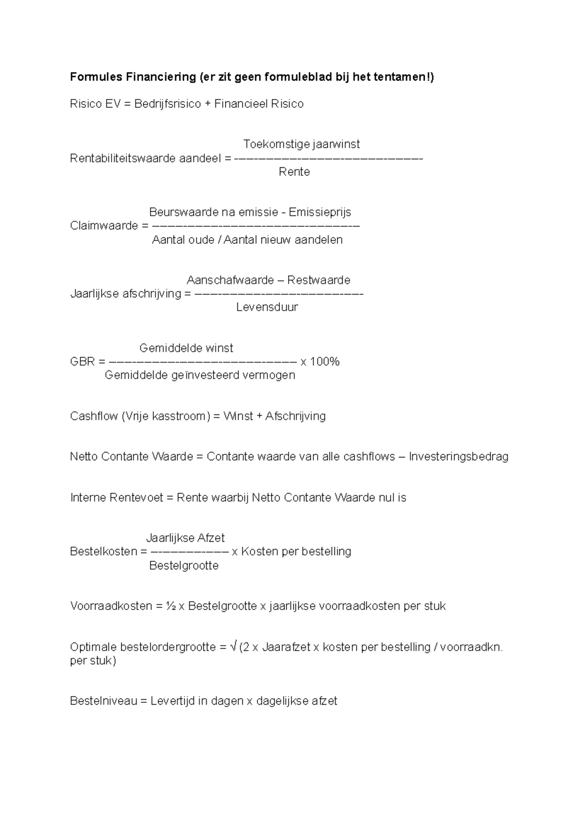 Formules Financiering - Hagedoorn (Tentamen) Samenvatting en ...