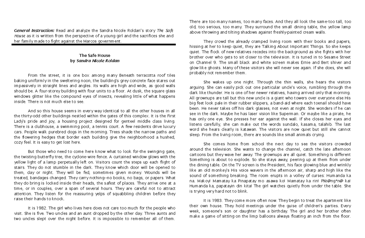 Final Exam Analysis of "The Safe House" - 21st Cen Lit - Studocu