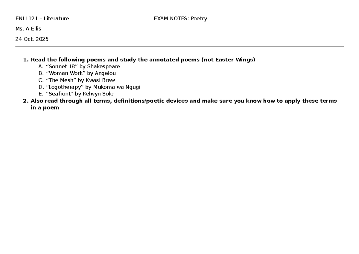 ENLL121 Literature EXAM PREP: Annotated Poetry Notes - Studocu