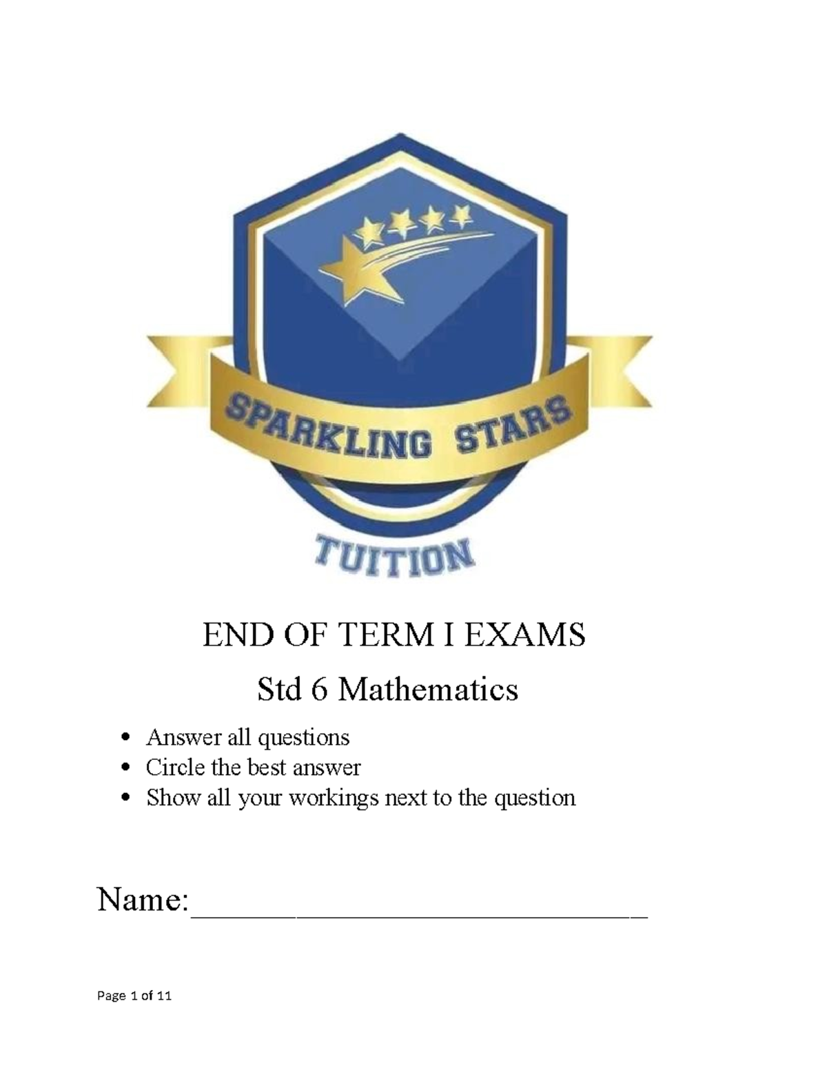 Std 6 Maths - Term I Exam Questions and Solutions - Studocu