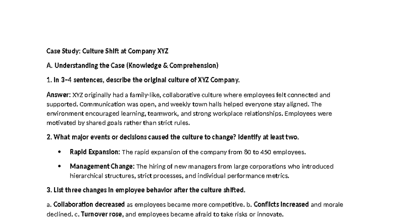Case Study: Culture Shift at Company XYZ - ENG110 Lecture Notes - Studocu