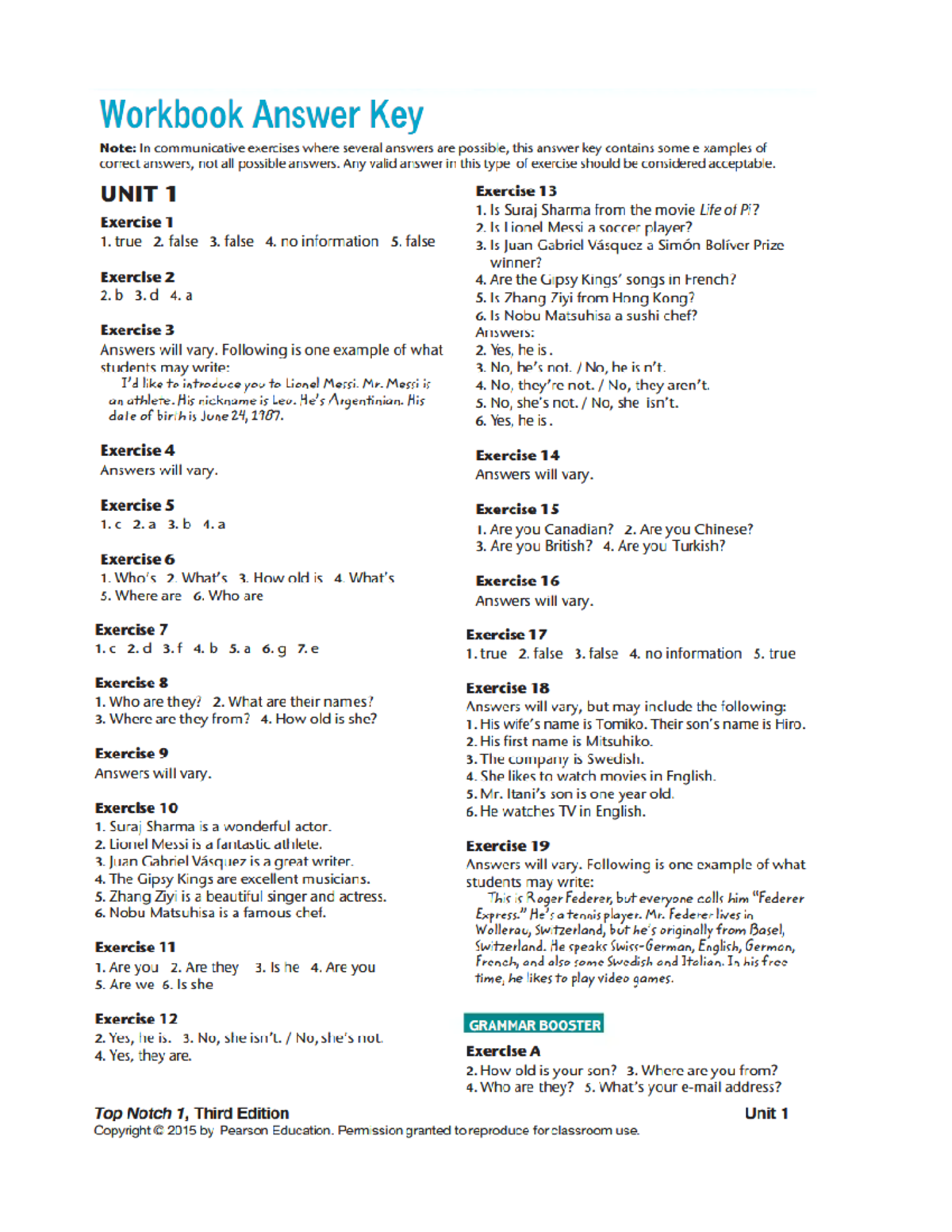 Top-Notch 1 Workbook Answer Key Summary - Studocu