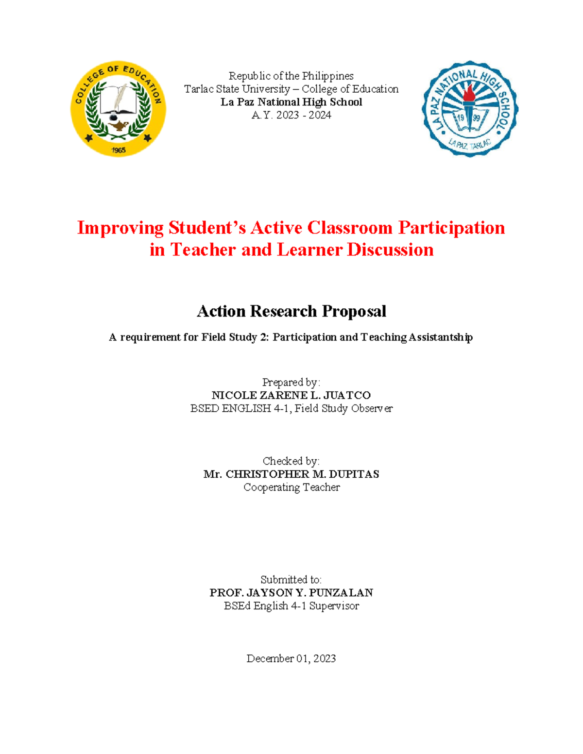 Improving Active Participation: Action Research Proposal for FS2 BSED 4 ...