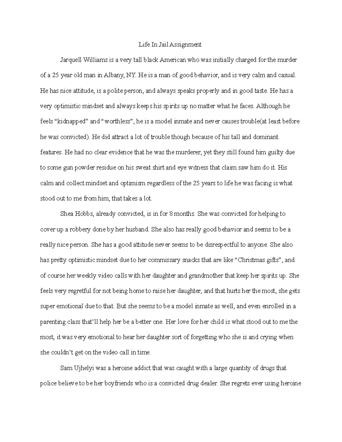 Life In Jail Assignment - Insights Into Inmate Experiences - Studocu