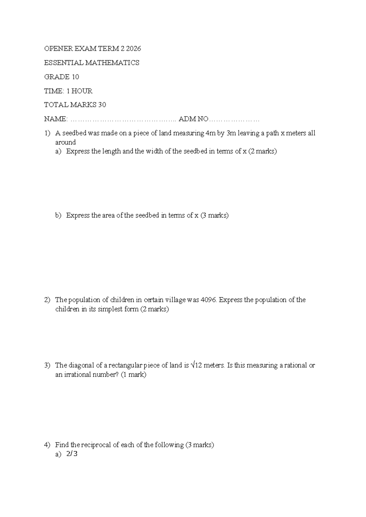 Grade 10 Essential Mathematics Term 2 Opener Exam 2026 - Studocu