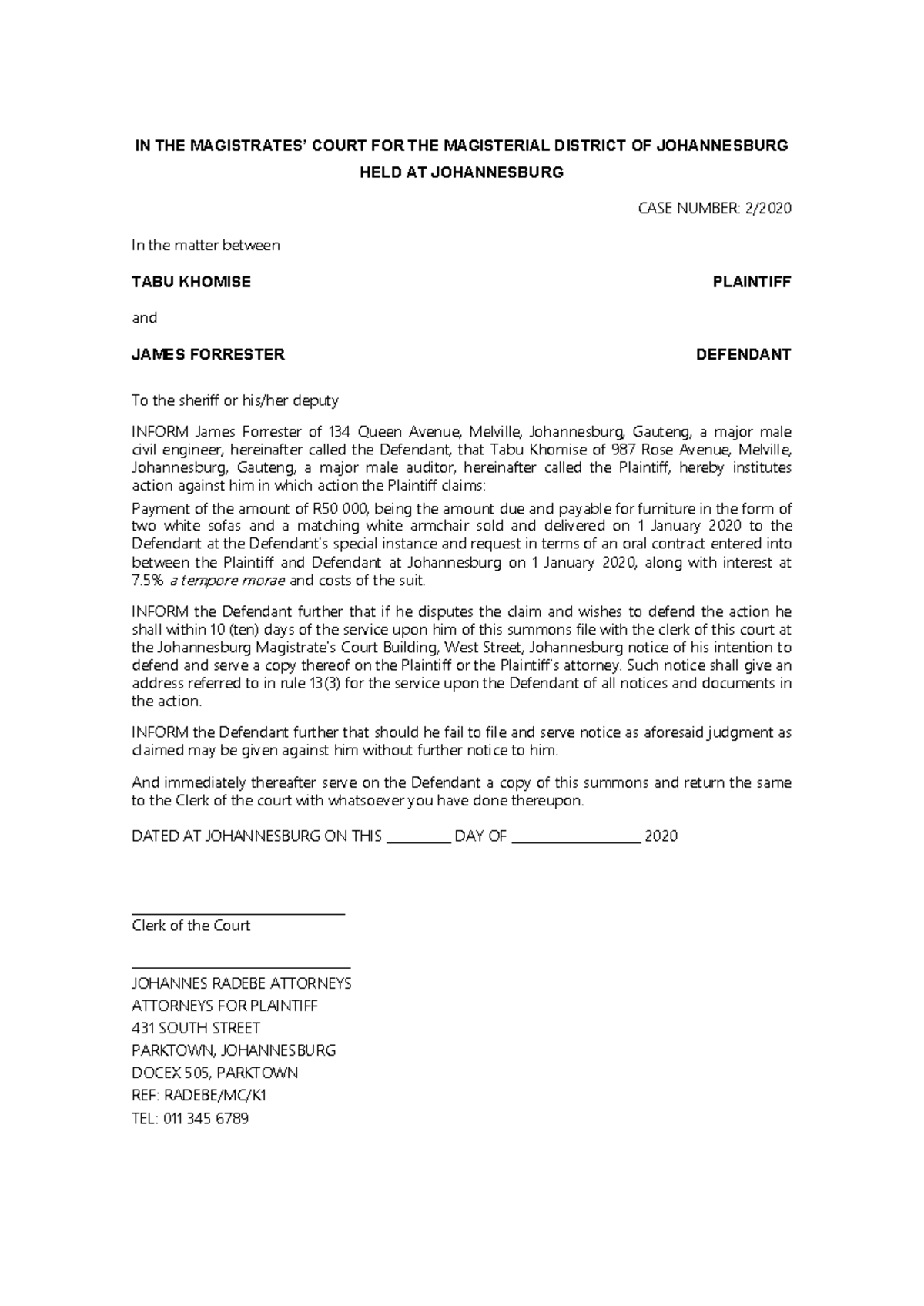 Magistrates’ Court Example Simple Summons MC for Johannesburg Case ...