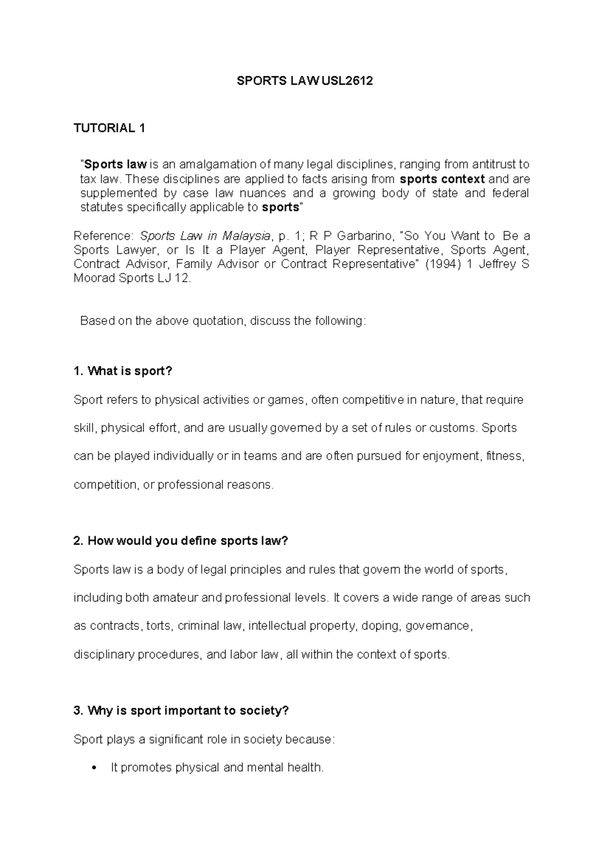 Sports Law USL2612 Tutorial 1: Understanding Key Concepts and ...