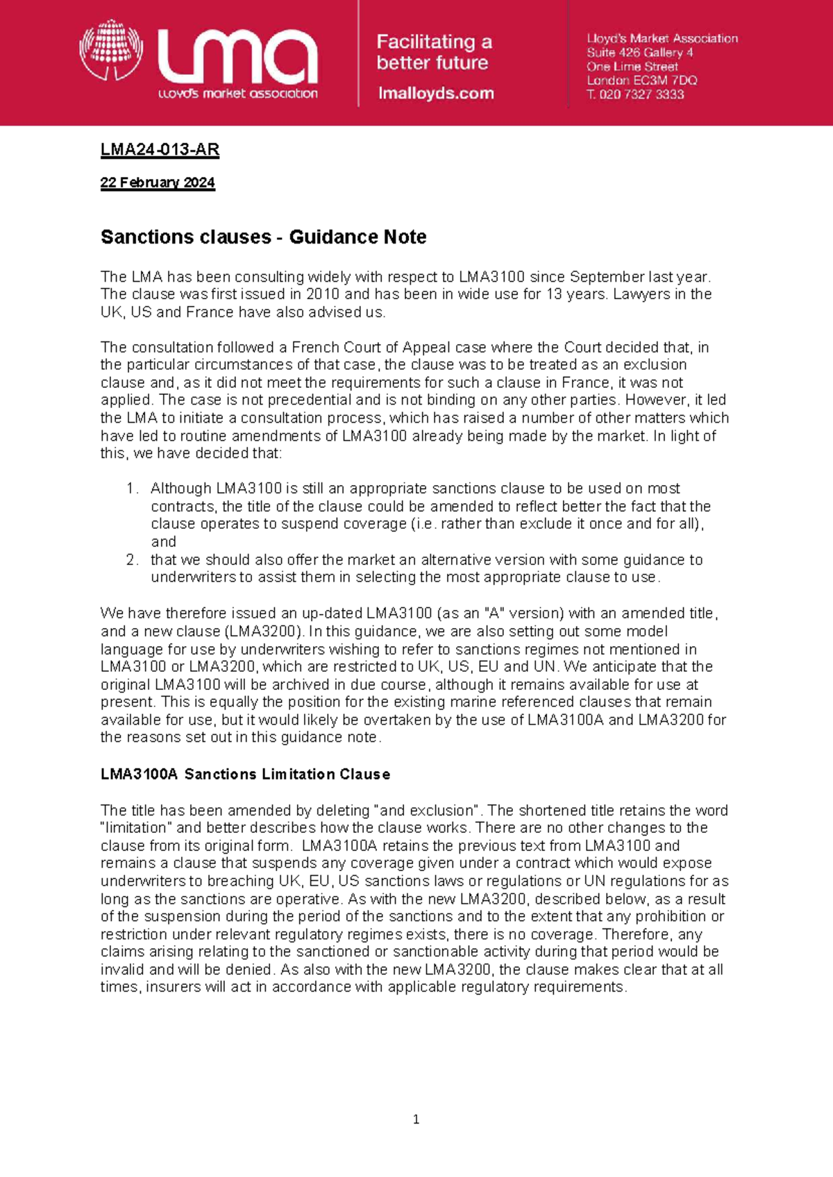 Sanctions Clause Guidance Update: LMA3100A & LMA3200 - Studocu