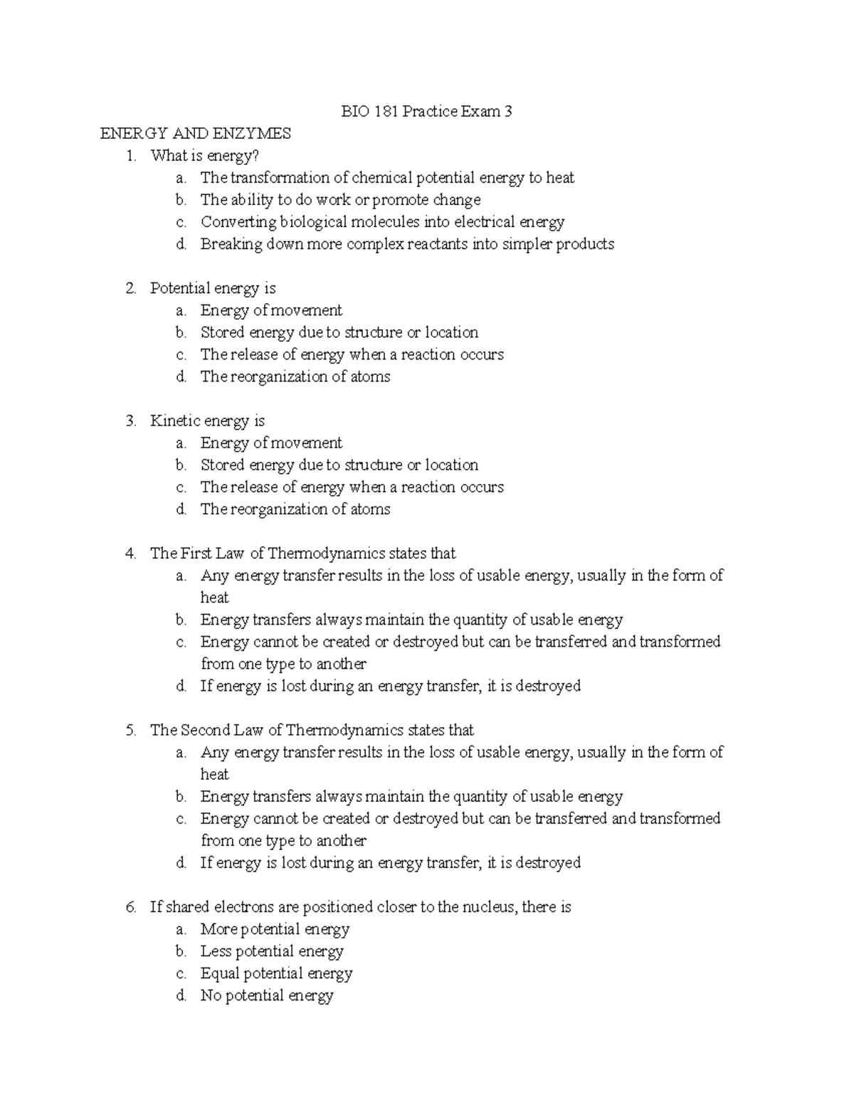 BIO 181 Practice Exam 3: Energy, Enzymes, and Cellular Respiration ...