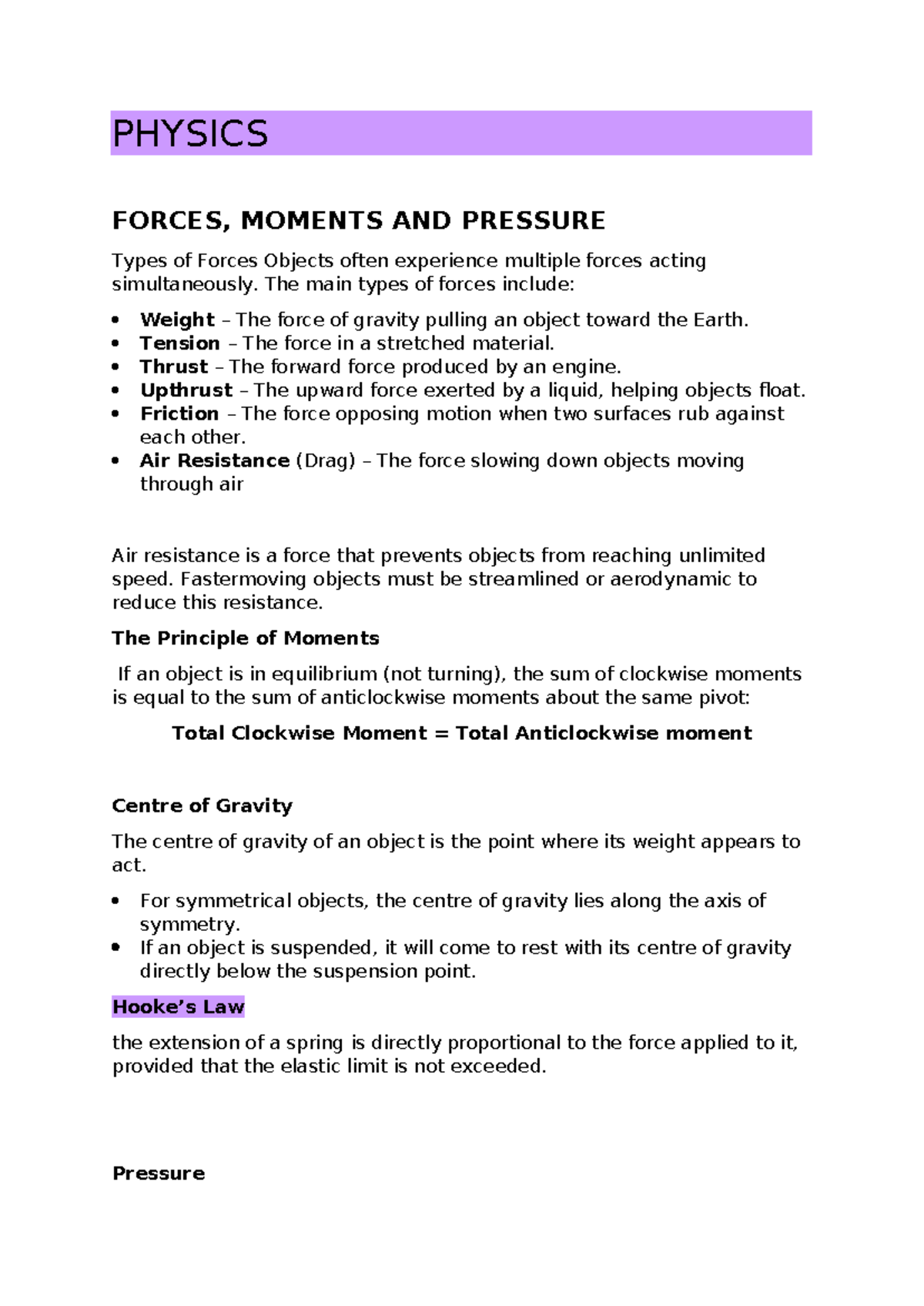 PHYSICS OLVLS: Forces, Moments, and Pressure Notes - Studocu