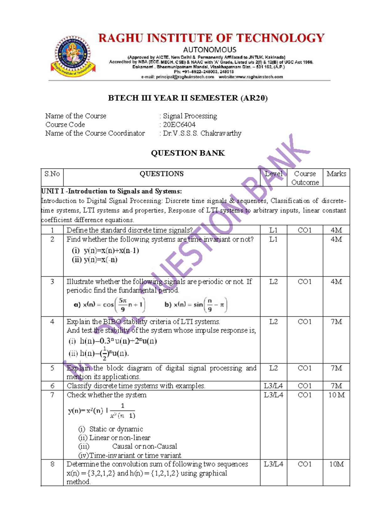 Signal Processing Question Bank (BTECH II Sem AR20) - Studocu
