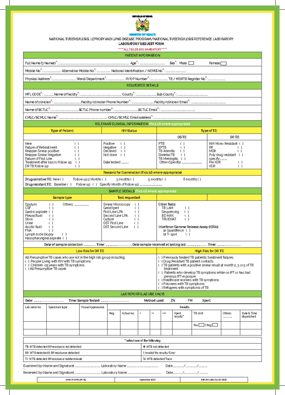 Lab Request Form for TB Testing - MOH/F/DNTLDP/05 September 2020 - Studocu