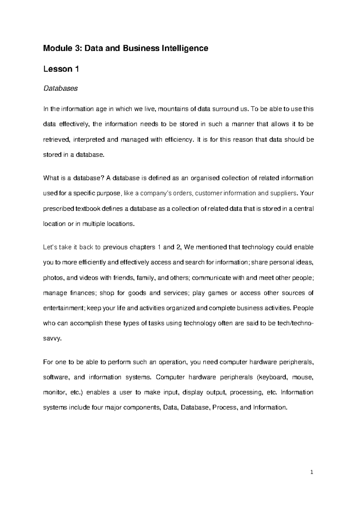 Module 3: Data & Business Intelligence - Lesson 1 Study Notes - Studocu