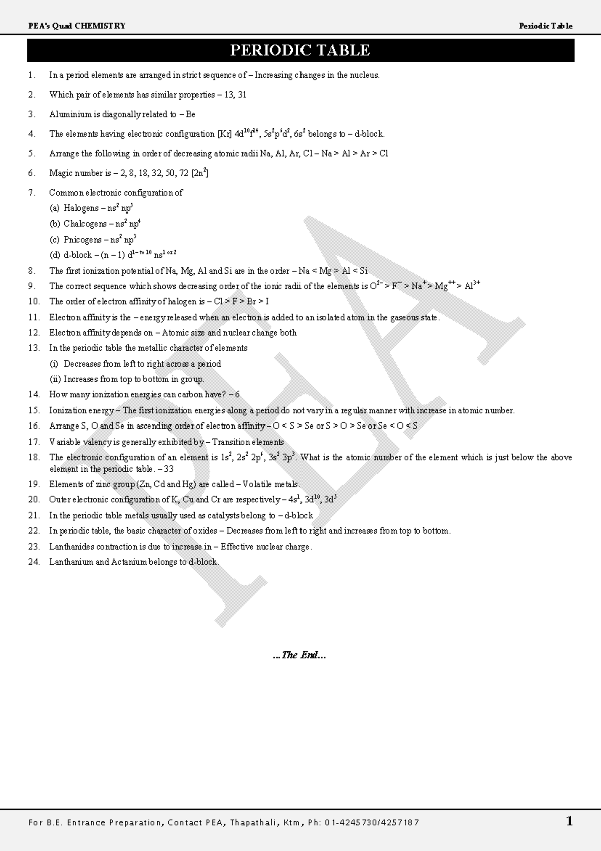 Math problems with support - PEA's Quad CHEMISTRY Periodic Table F o r ...