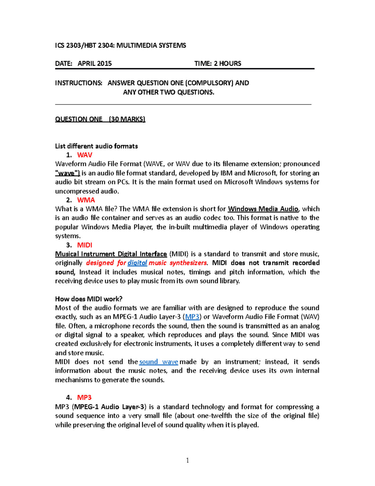 ICS 2303/HBT 2304 Multimedia Systems Exam Questions & Answers 2015 ...