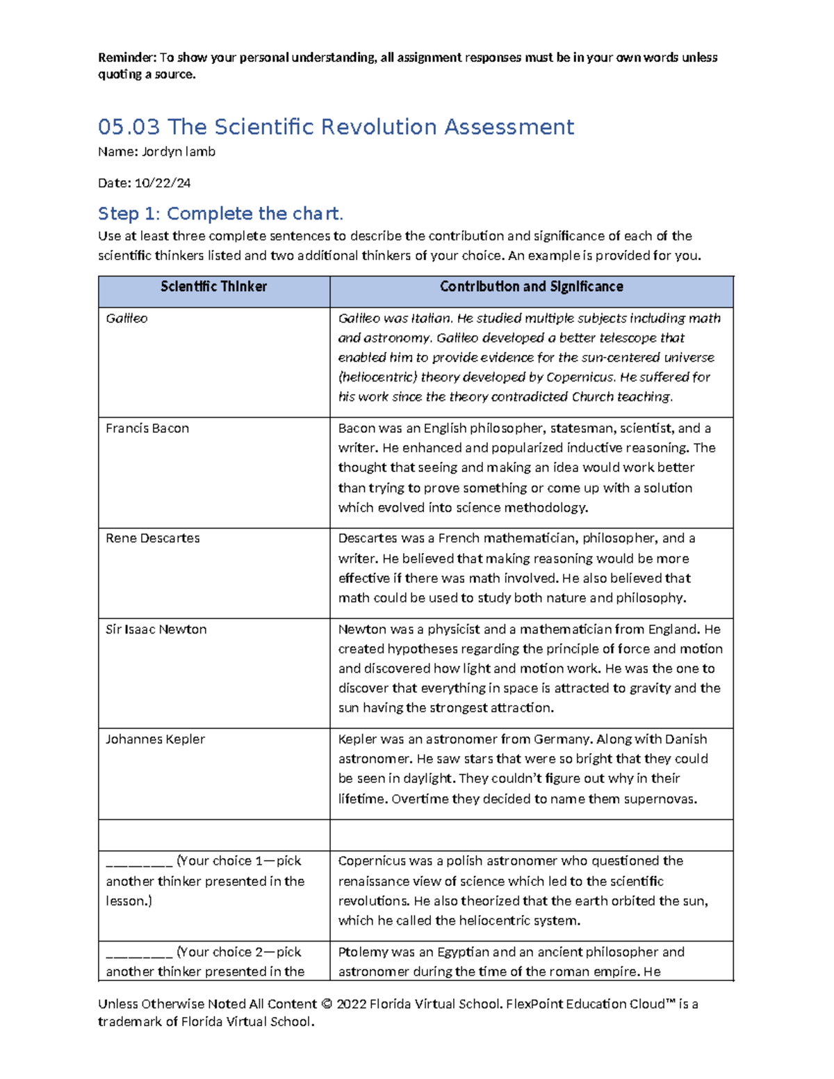 Scientific Revolution Assessment (05.03): Contributions of Key Thinkers ...