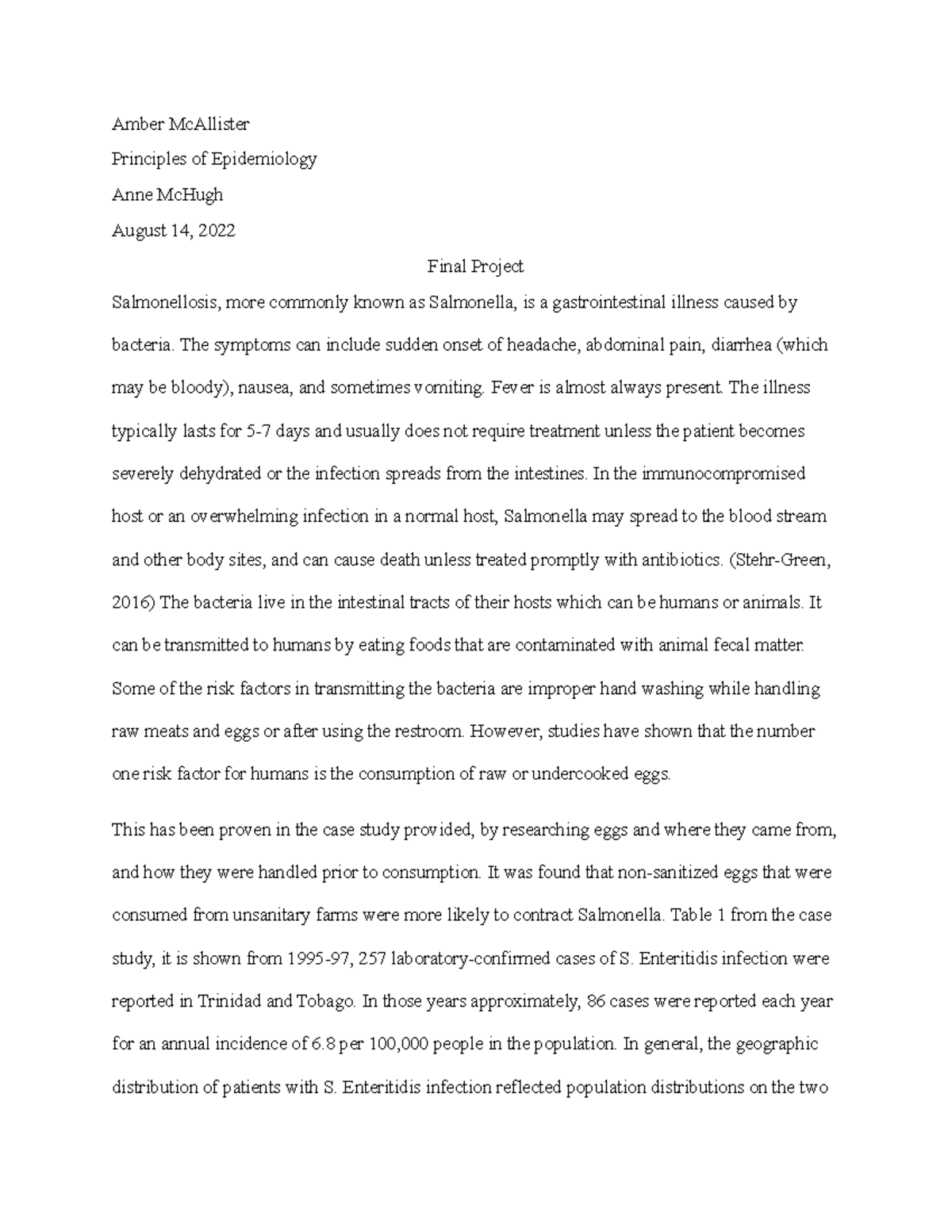 IHP 330 Final Project: Examining Salmonellosis Transmission and ...