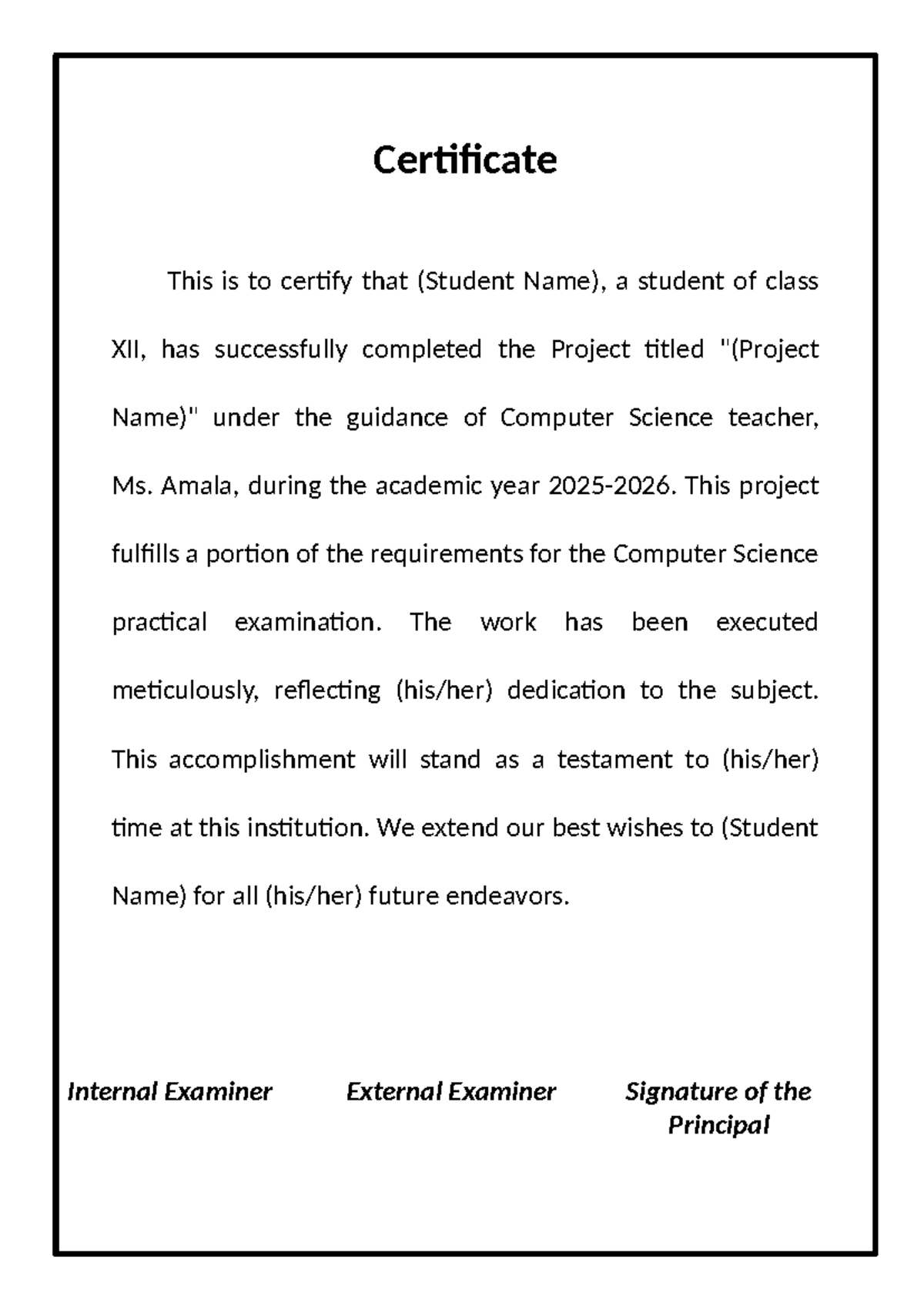 Project -2nd page - Certificate This is to certify that (Student Name ...