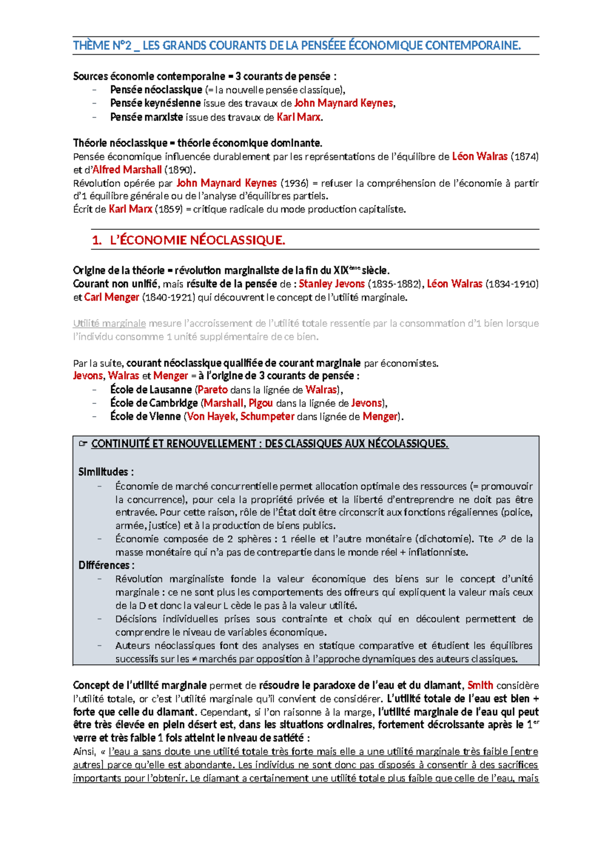 THÈME 2 - LES GRANDS COURANTS DE LA PENSÉE ÉCONOMIQUE CONTEMPORAINE - Studocu
