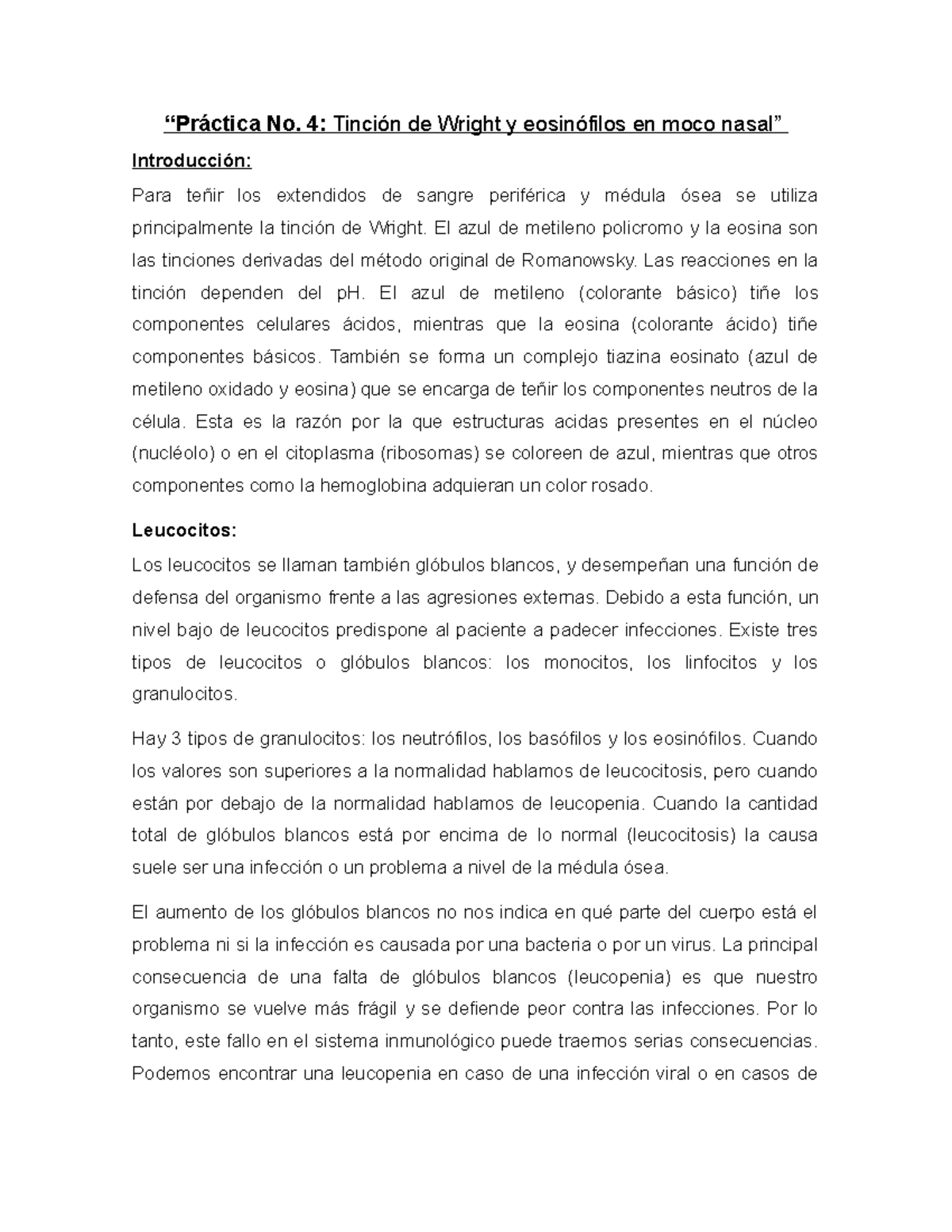 Práctica No. 4: Tinción de Wright y Eosinófilos en Moco Nasal - Studocu