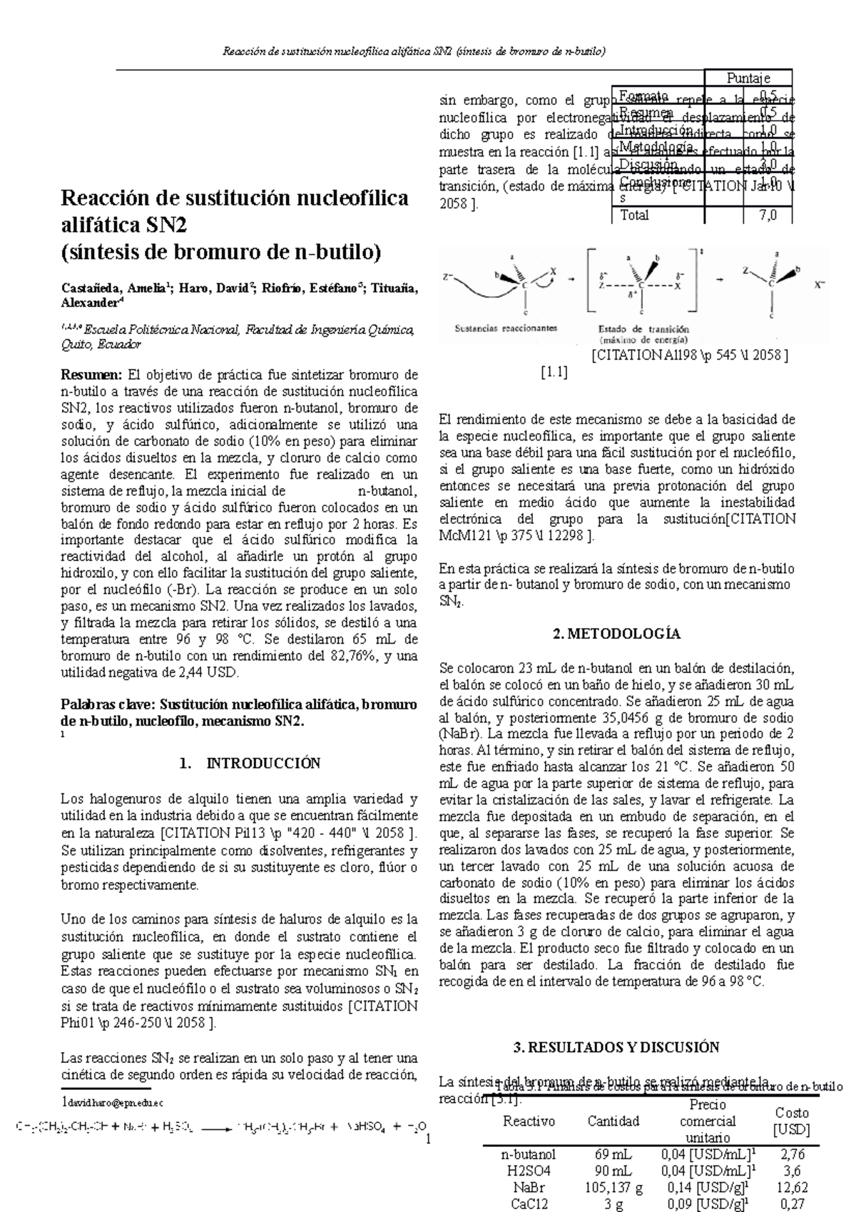 Sintesis de bromuro de n-butilo - Puntaje Formato 0, Resumen 0 ...