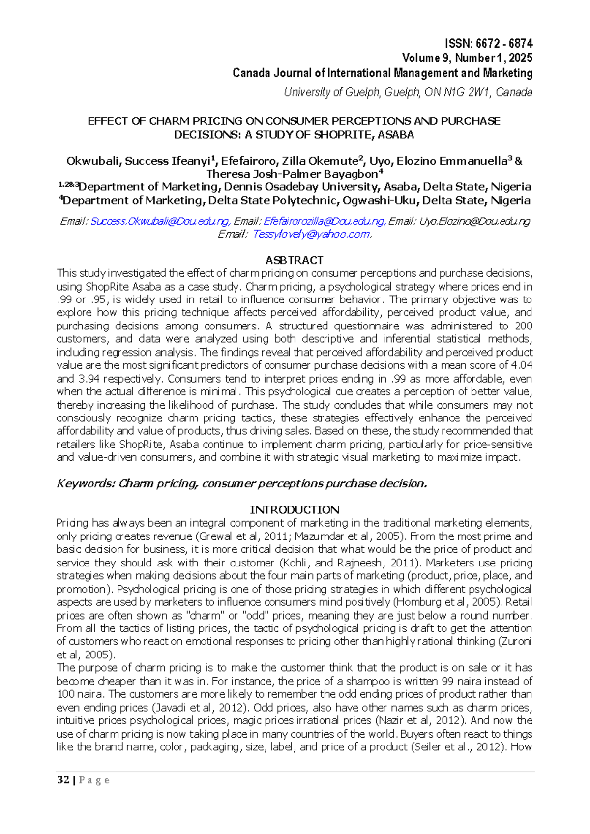 Effect of Charm Pricing on Consumer Behavior: A Study of ShopRite Asaba ...
