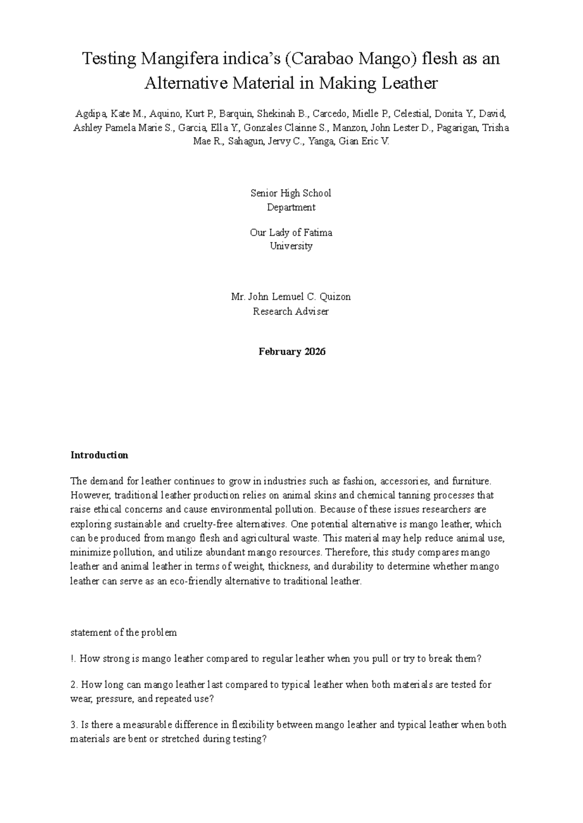 SHS Research: Testing Carabao Mango Leather as Alternative Material ...