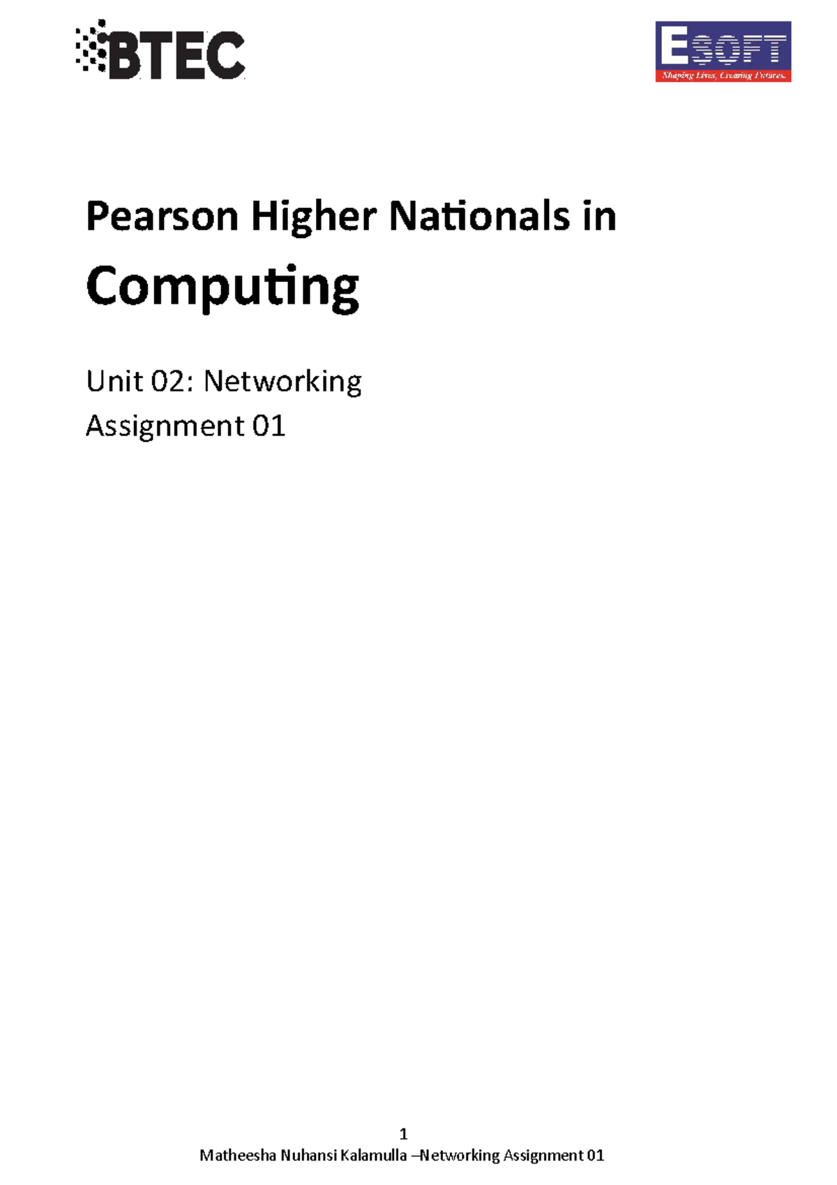 Networking Assignment 1st Semester Pearson Higher Nationals In Computing Unit 02 Networking