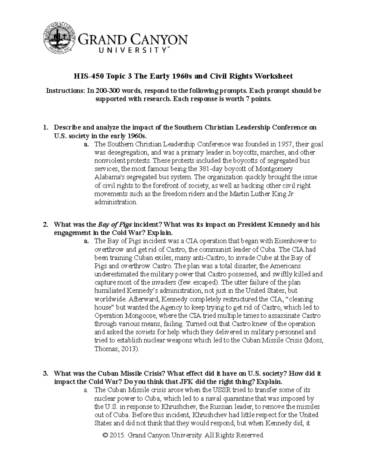HIS-450 Topic 3 The Early 1960s and Civil Rights Worksheet - Each ...