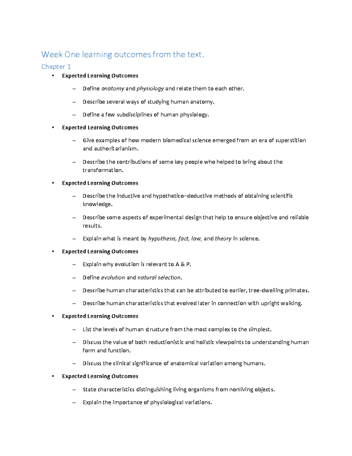 Chapter 1 Learning Objectives - Week One learning outcomes from the ...