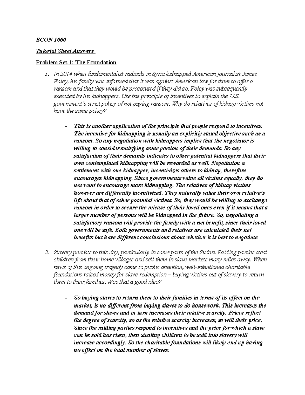 ECON1000 Tutorial Sheet Answers: Key Concepts and Problem Sets - Studocu