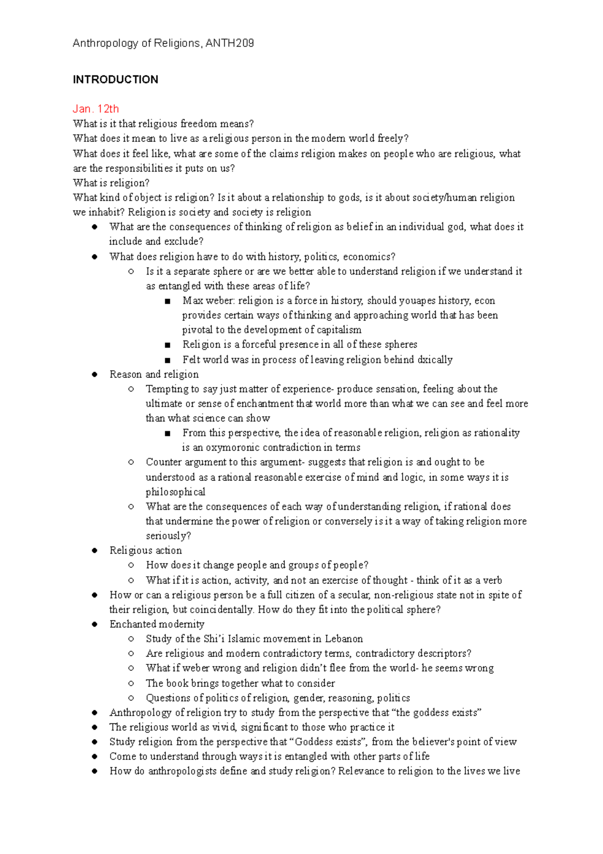 ANTH209: Insights on Religion and Society - Class Notes Summary - Studocu