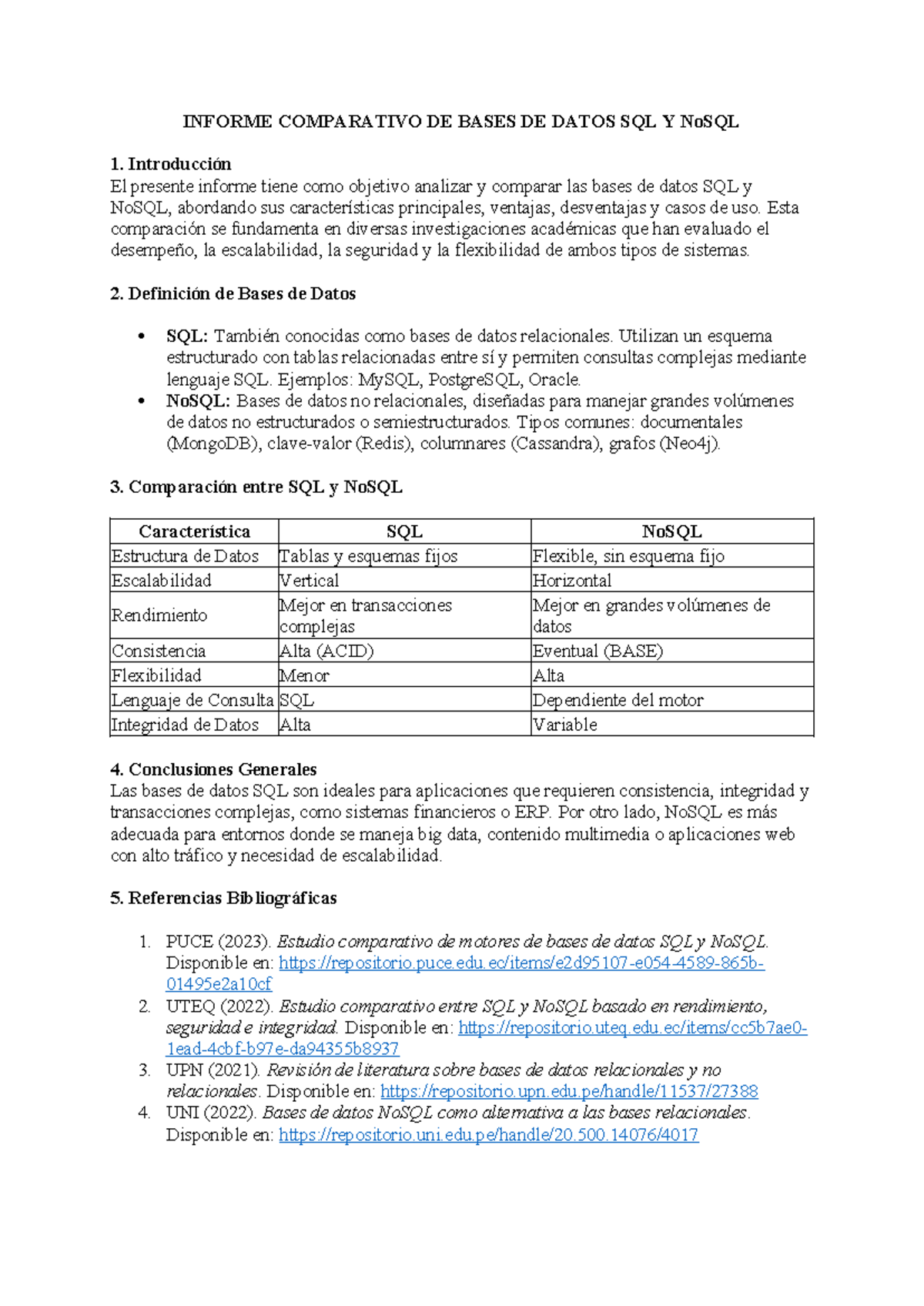 Informe Comparativo de Bases de Datos SQL y NoSQL - Studocu
