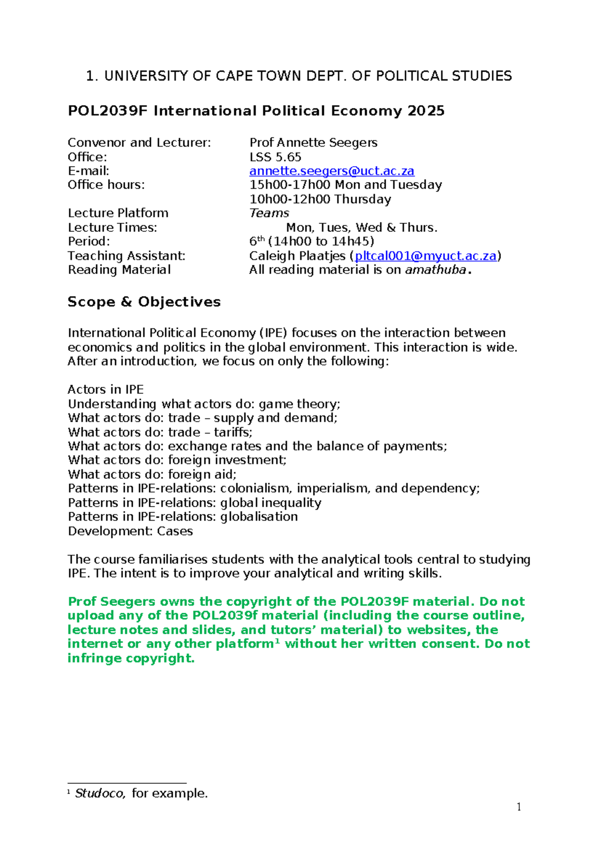 POL2039F International Political Economy Course Outline 2025 - Studocu