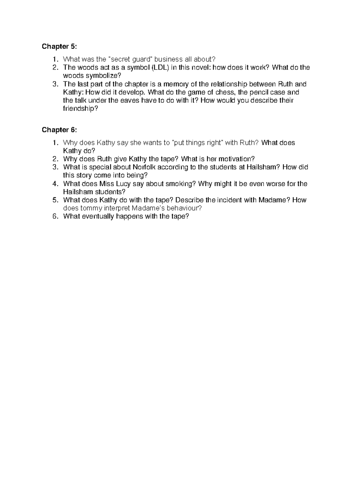 Study Questions: Never Let Me Go (Ch 5-6) Insights and Analysis ...