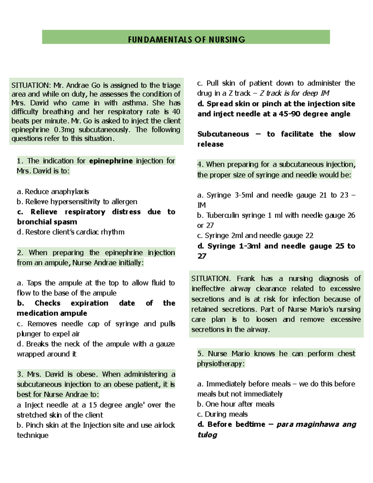 Fundamentals of Nursing Final Coaching Exam Review – Dr. Iray - Studocu