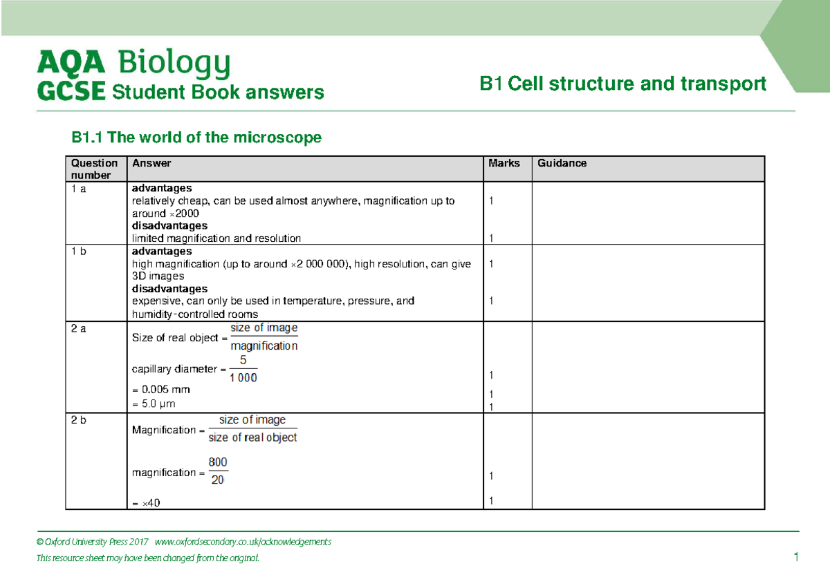 B1 Cell Structure and Transport: Student Book Answers and Guidance ...