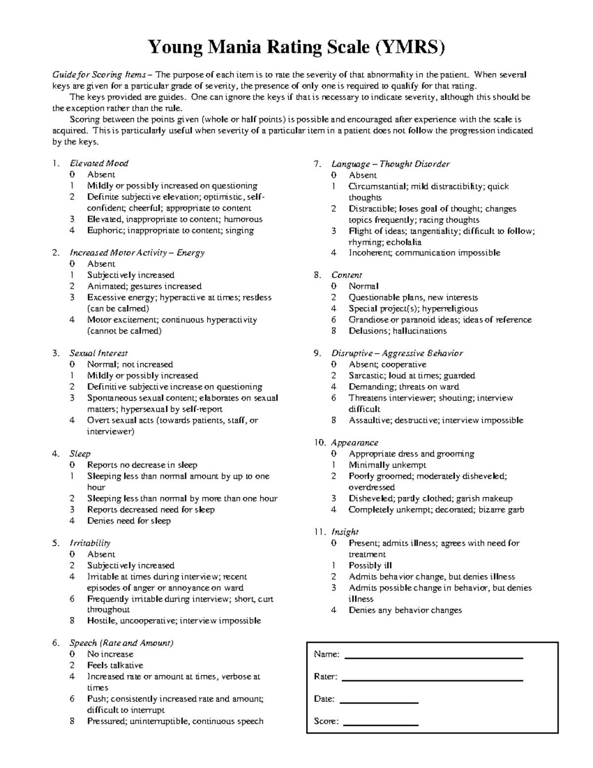 Young Mania Rating Scale (YMRS) Scoring Guide - Studocu