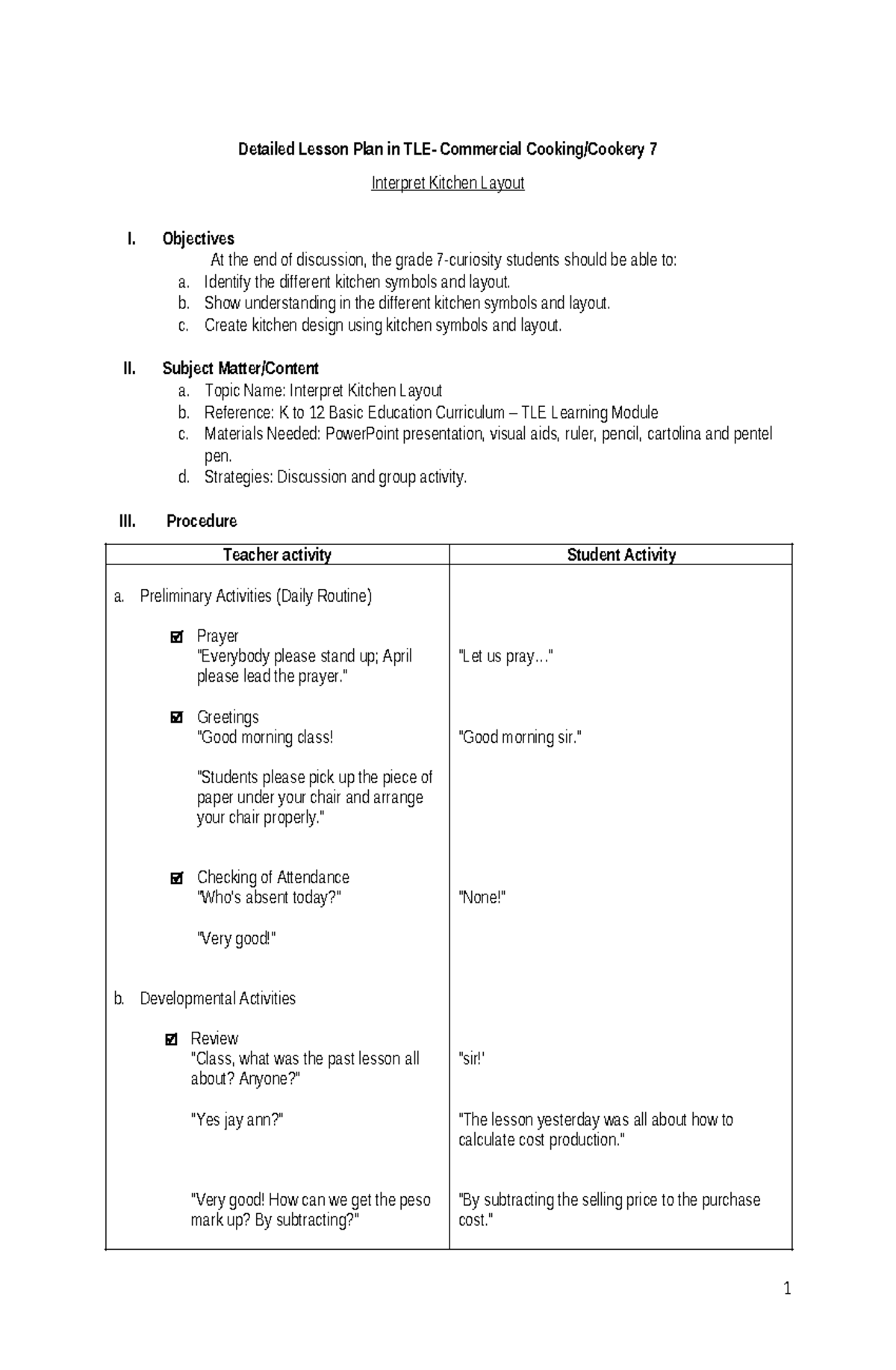 Detailed Lesson Plan for TLE-Cookery 7: Interpreting Kitchen Layout ...