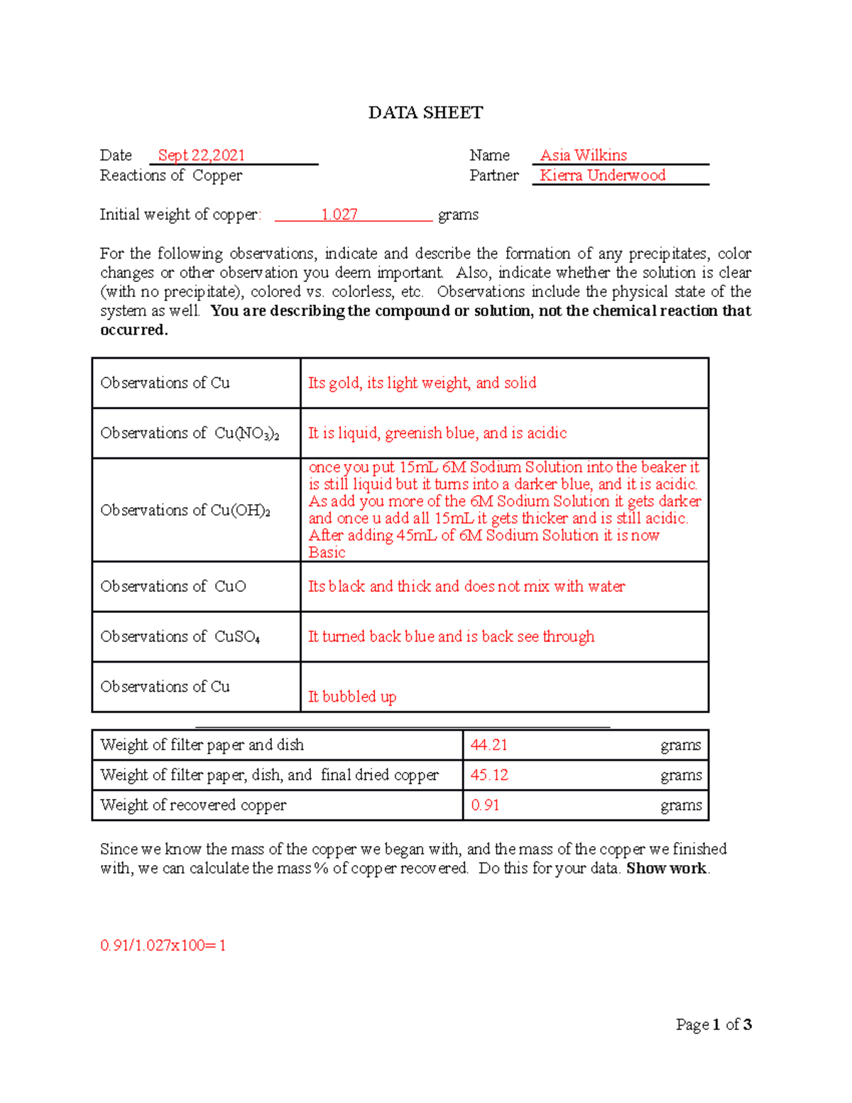 7 Rxns-Copper-data-report-sheet - DATA SHEET Date Sept 22,2021 Name ...