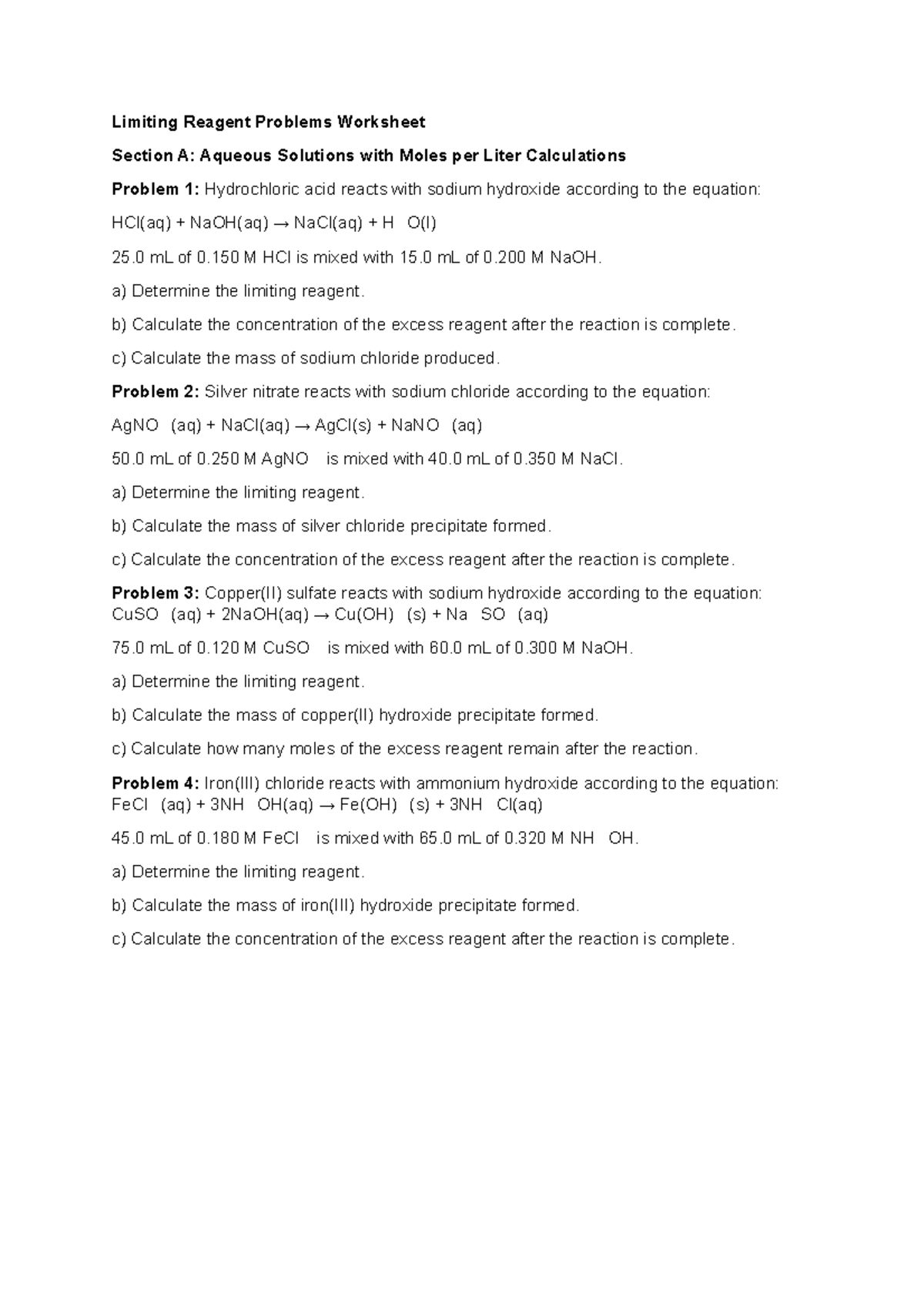 Limiting Reagent Problems Worksheet: Aqueous & Non-Aqueous Reactions ...