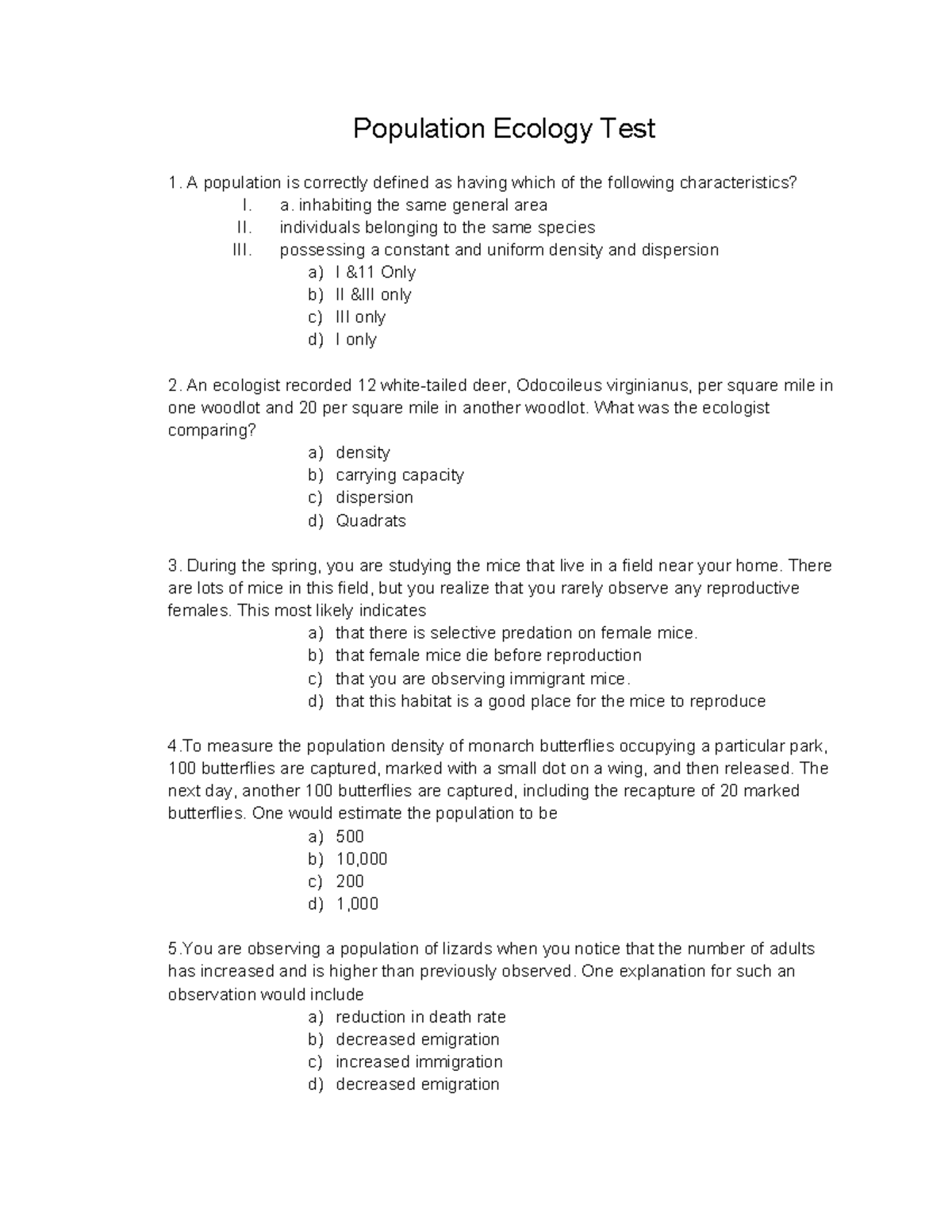 Population Ecology Test 1: Questions & Answers Overview - Studocu