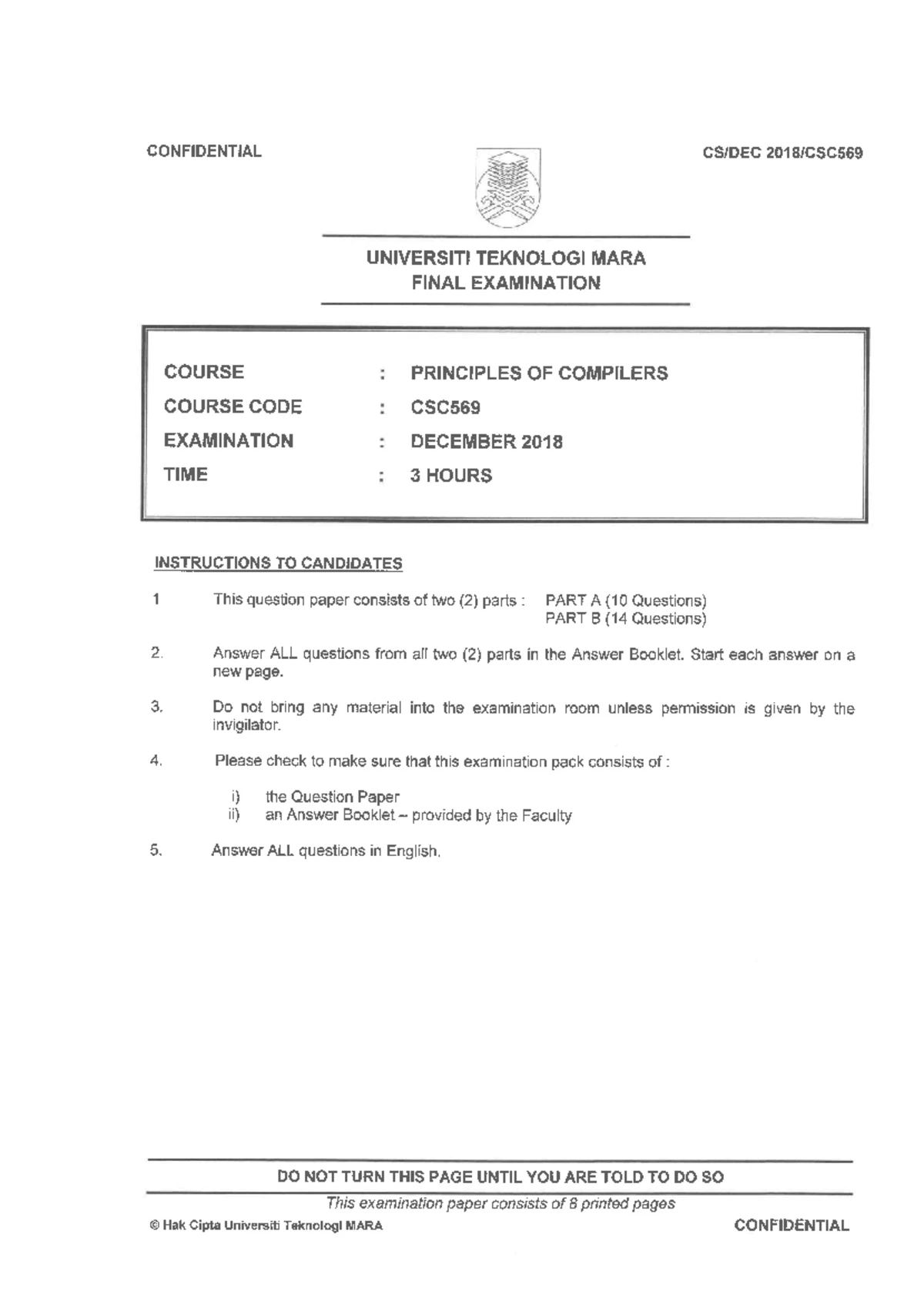 CSC569 Final Assessment February 2022: Compiler Principles Exam - Studocu