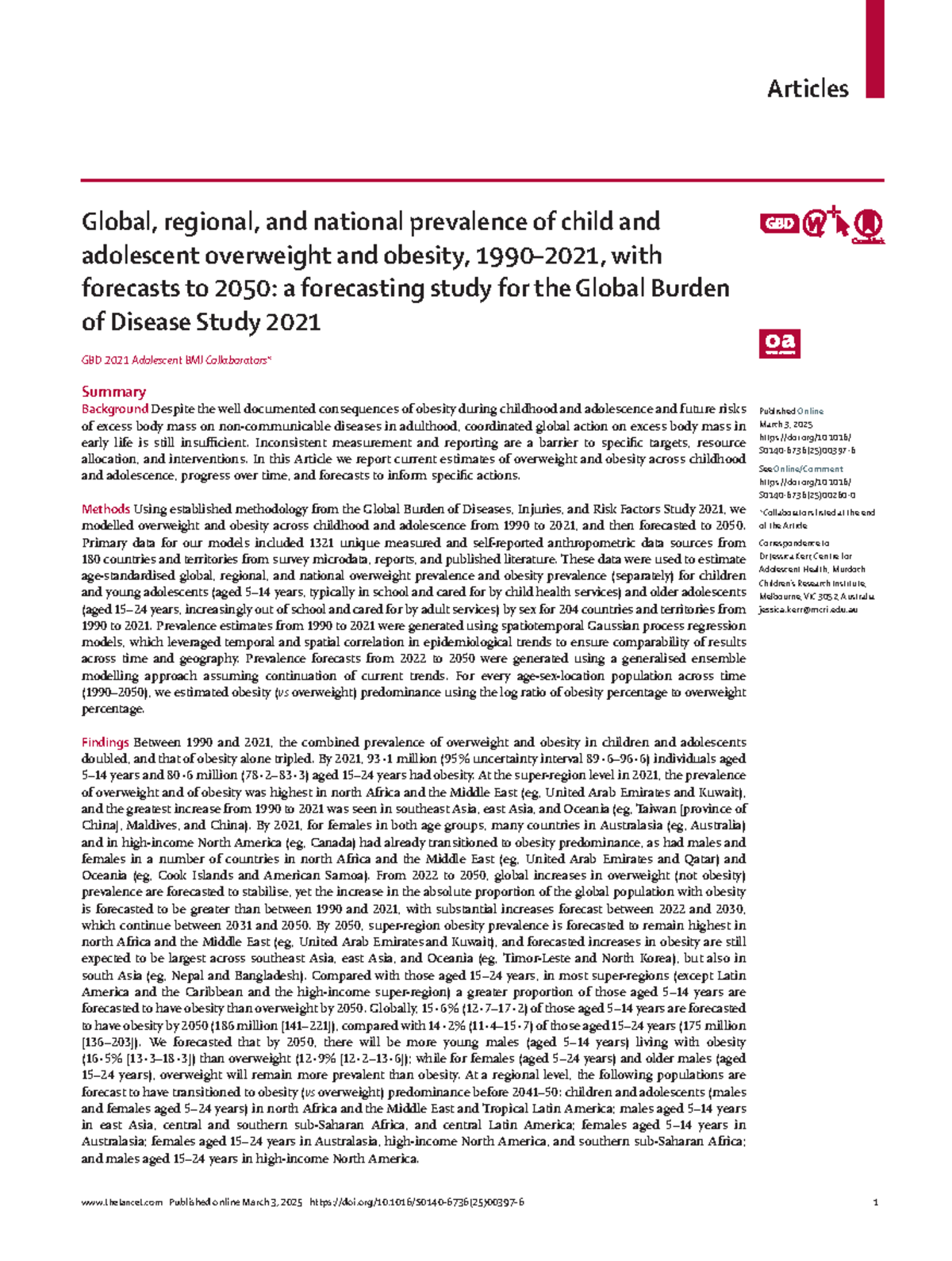 Global Trends in Child and Adolescent Obesity: GBD 2021 Forecasts to ...
