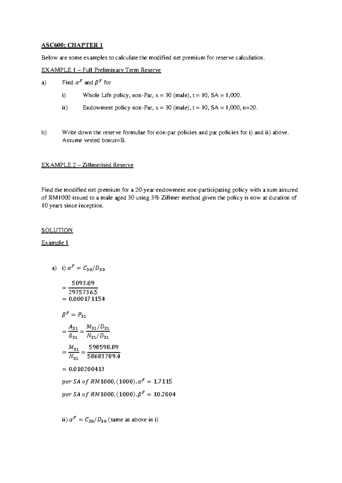 ASC600: Chapter 1 - Modified Net Premium Calculation Examples - Studocu