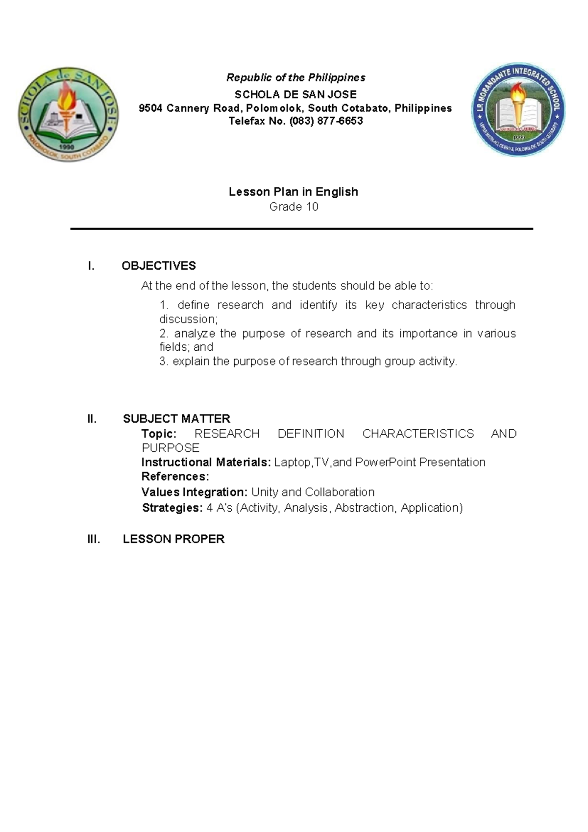 Grade 10 Lesson Plan: Research Definition, Characteristics & Purpose ...