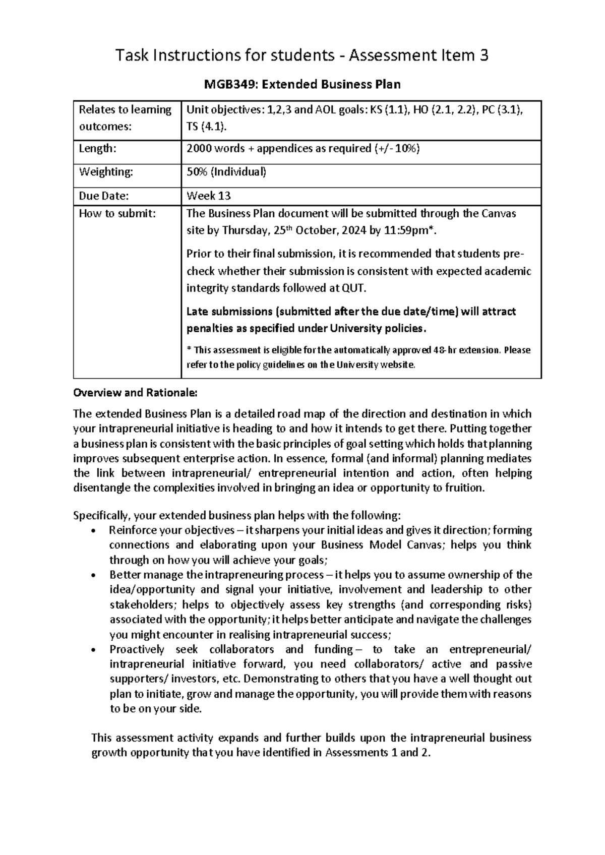 MGB349: Assessment 3 - Extended Business Plan Task Instructions - Studocu