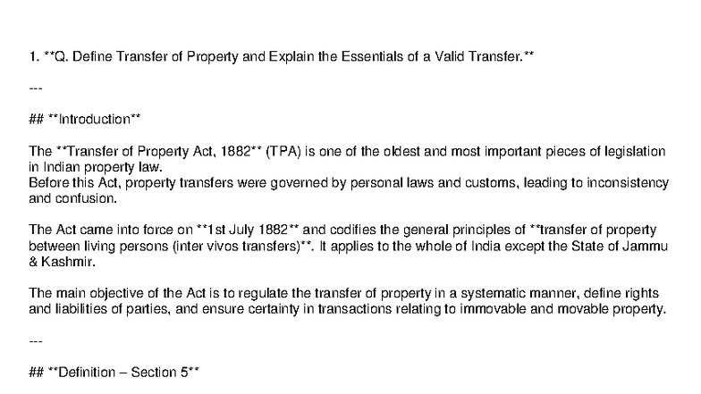 Unit 1: Transfer of Property Act (TPA) Essentials and Validity - Studocu