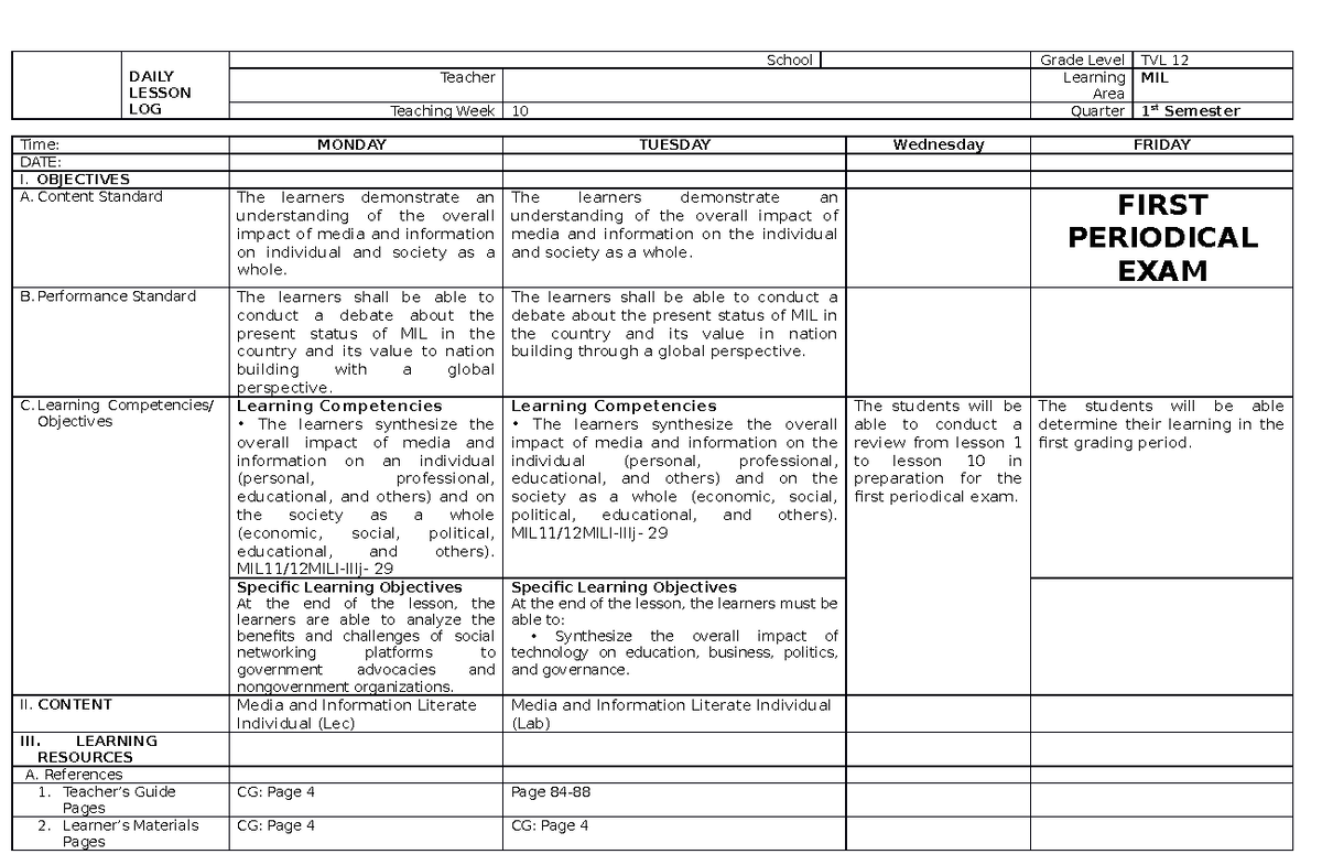 Week 10 MIL - Lesson Plan in Media and Information Literacy First ...